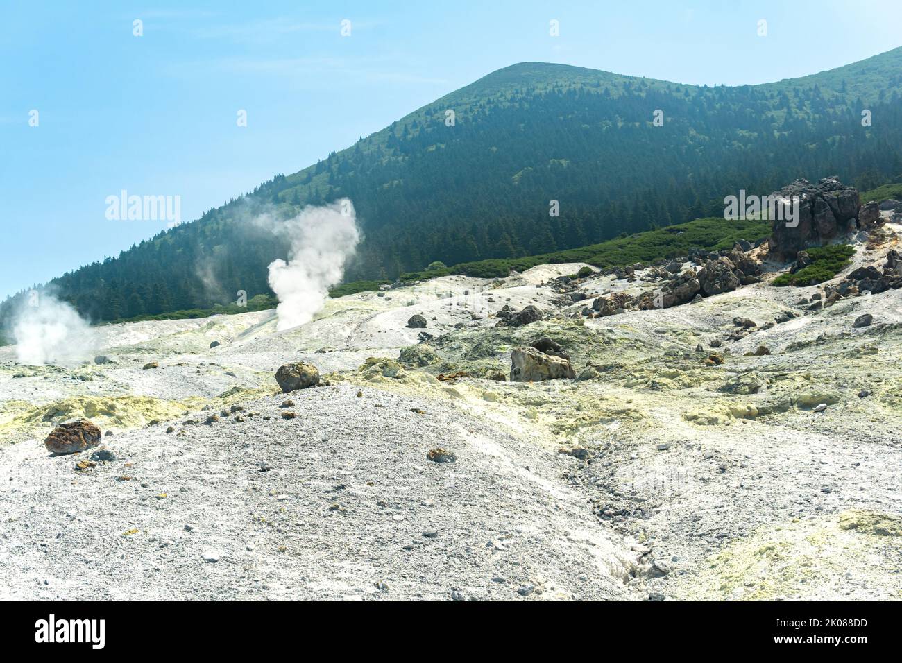fumarole field on the slope of Mendeleev volcano, Kunashir island Stock ...
