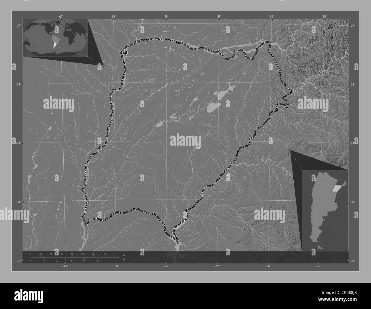 Corrientes, province of Argentina. Bilevel elevation map with lakes and ...
