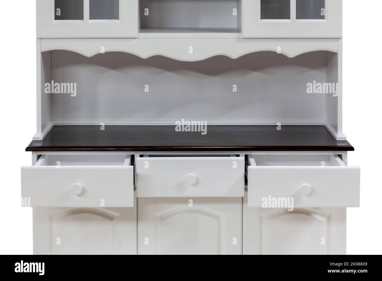 Open drawers of a white wooden kitchen cabinet with shelves isolated on ...