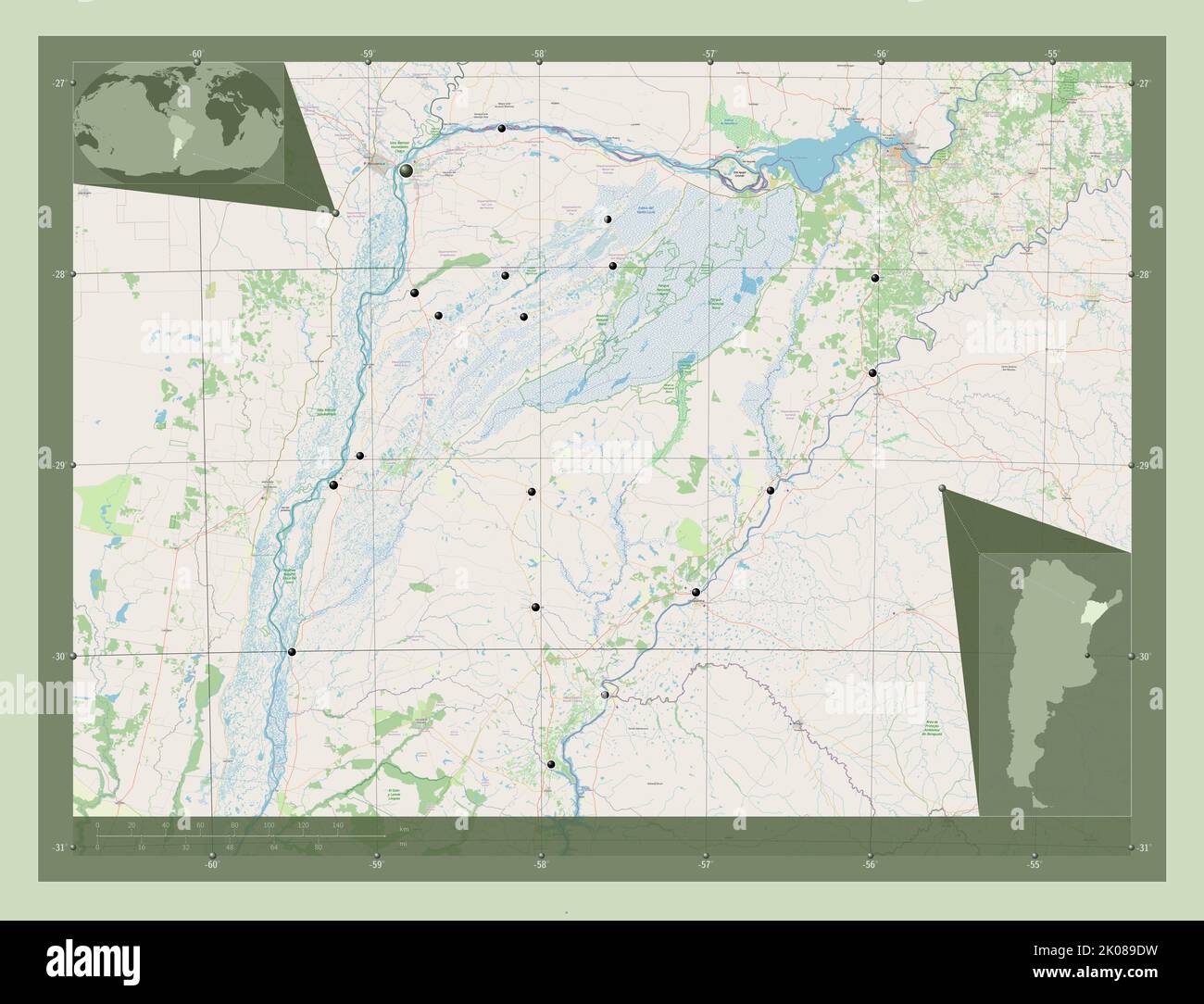Corrientes, province of Argentina. Open Street Map. Locations of major ...