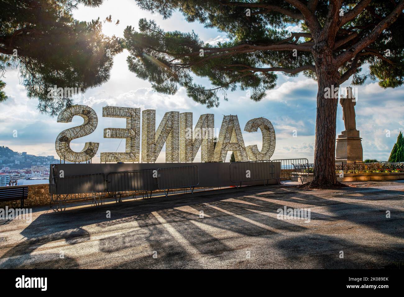 Sign of Cannes next to World Exploration Museum in Cannes and Statue of ...