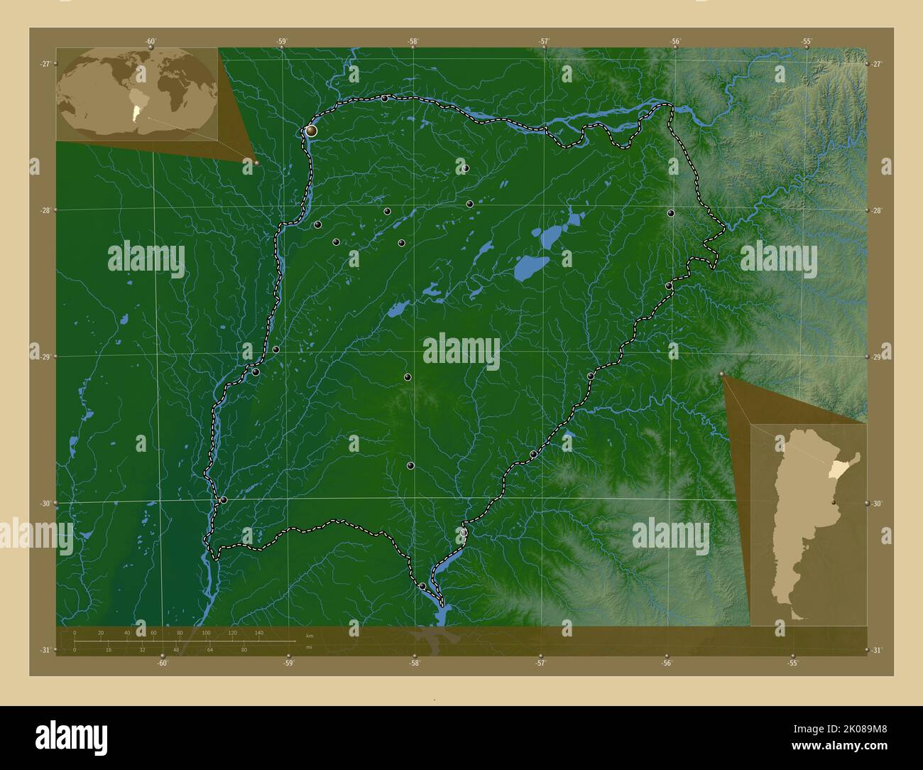 Corrientes, province of Argentina. Colored elevation map with lakes and ...