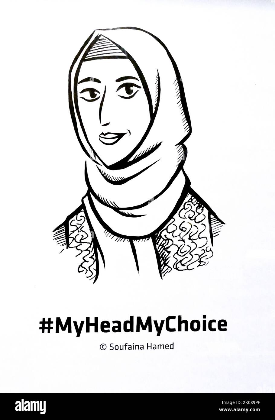 Demonstrationsschild. MyHeadMyChoice, 2015. Black and white drawing ...