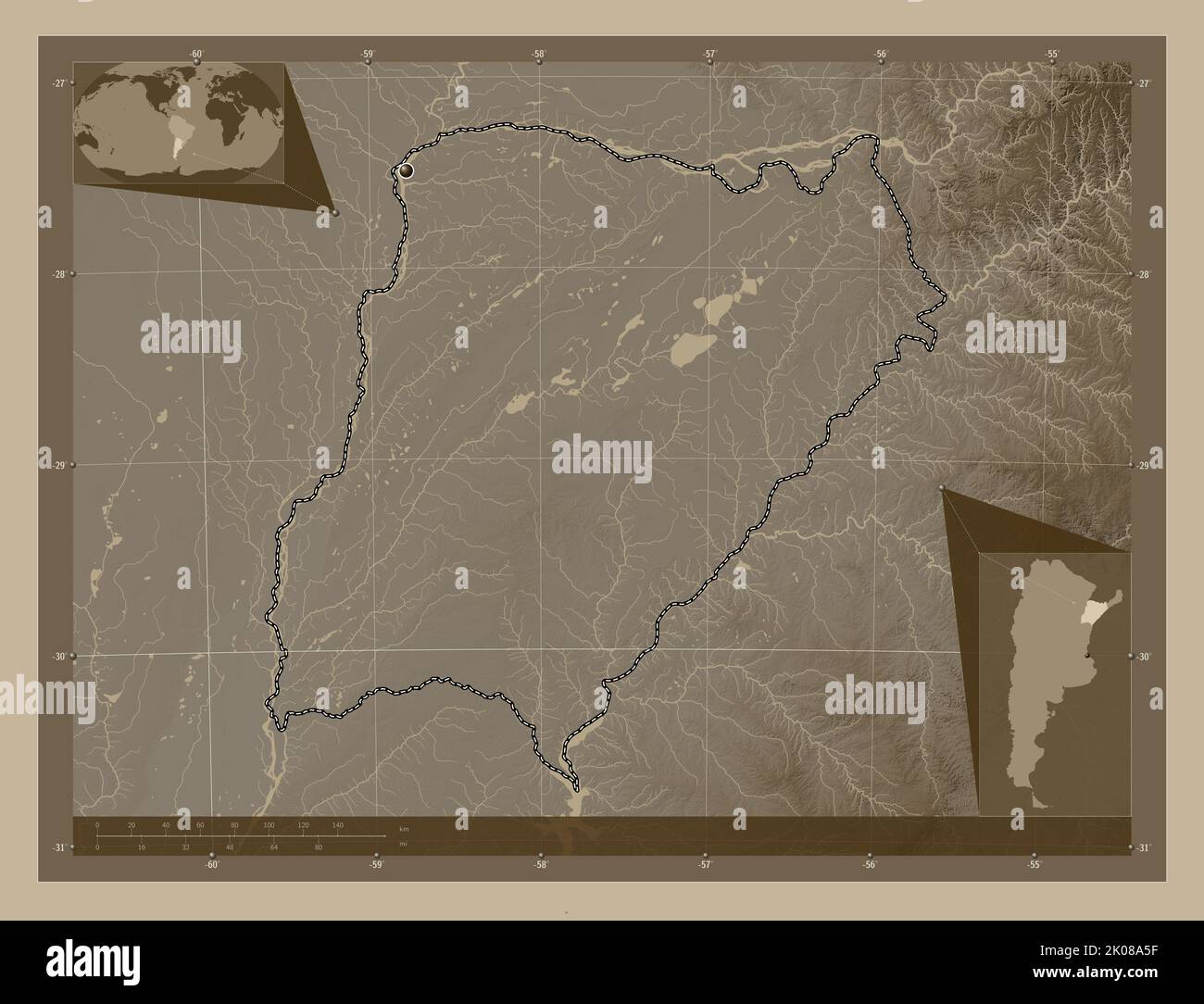 Corrientes, province of Argentina. Elevation map colored in sepia tones ...