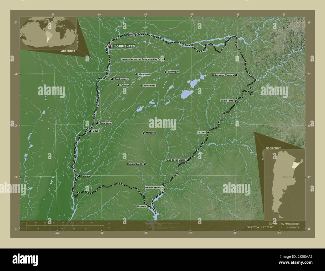 Corrientes, province of Argentina. Elevation map colored in wiki style ...