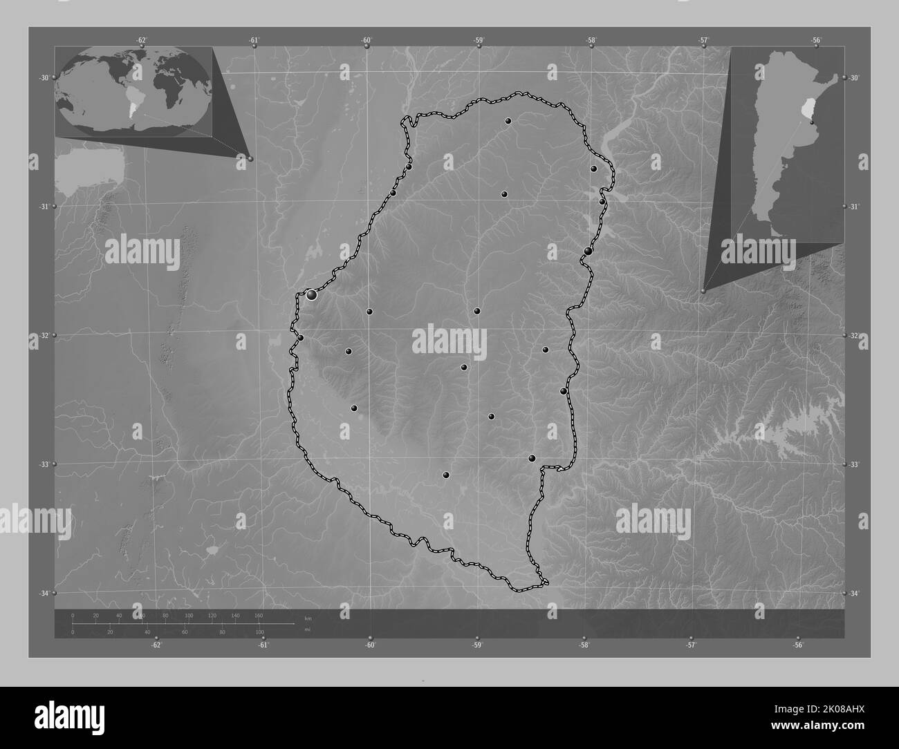 Entre Rios, province of Argentina. Grayscale elevation map with lakes ...