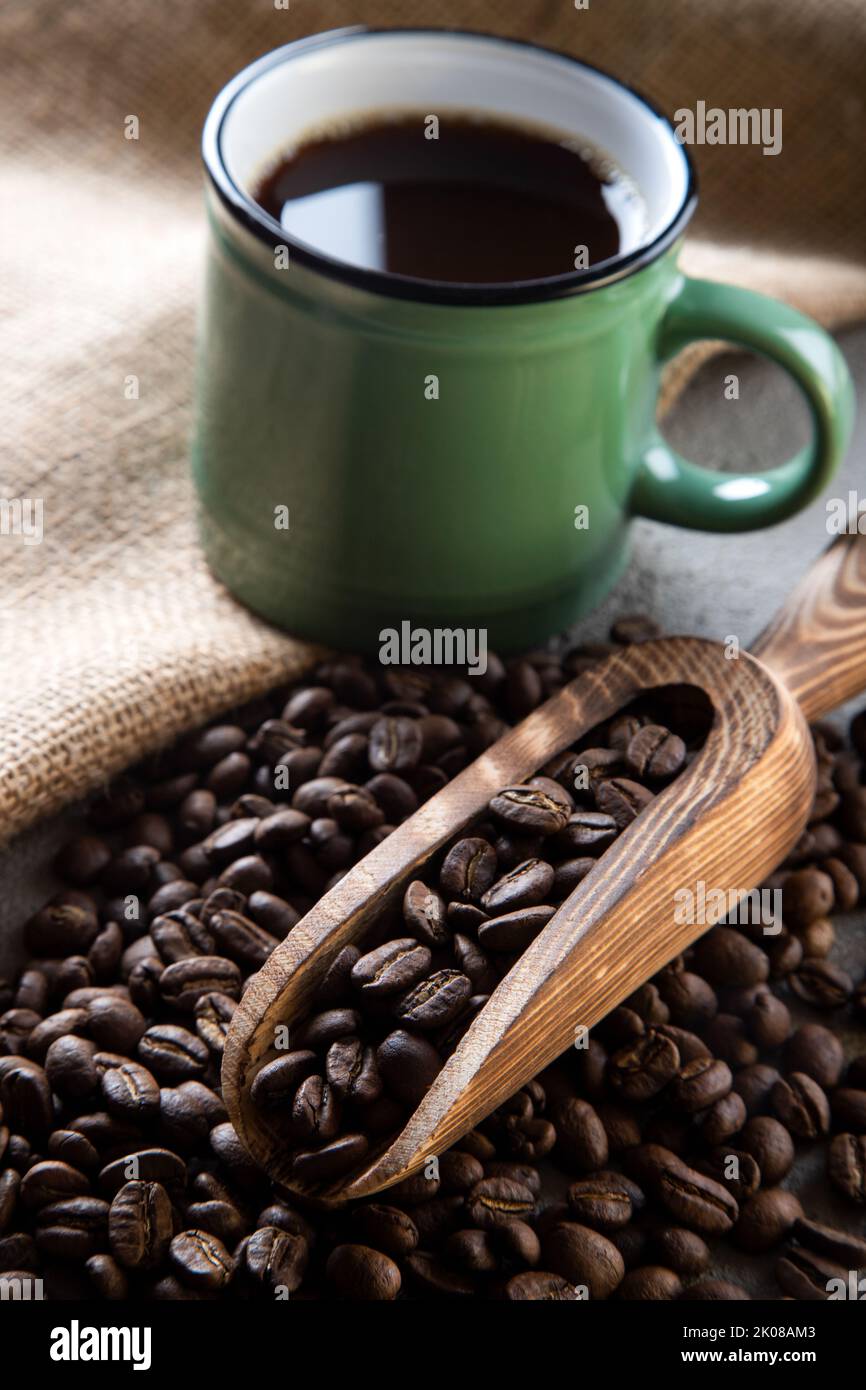 Burlap coffee beans cup background hi-res stock photography and images ...