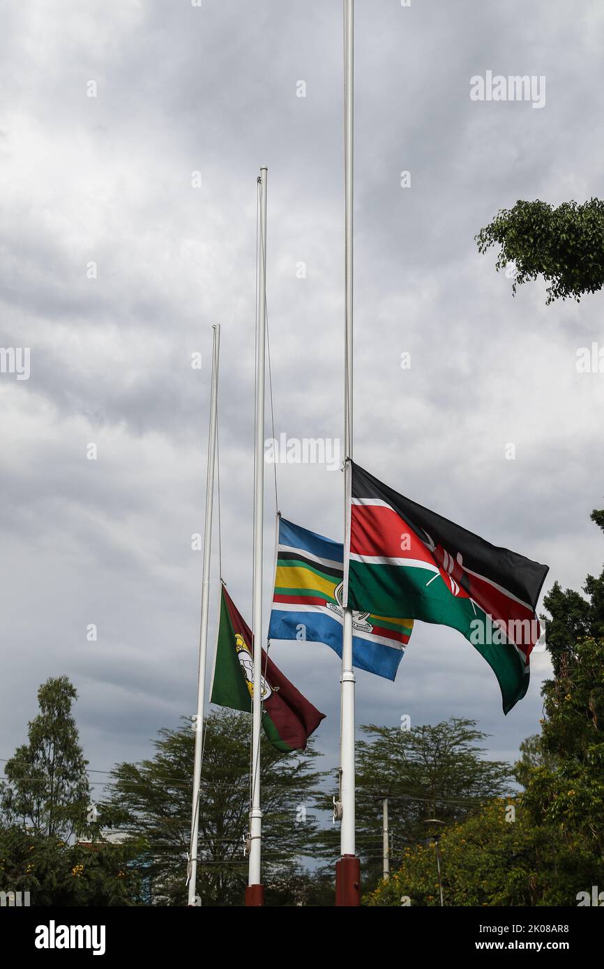 Nakuru, Kenya. 10th Sep, 2022. The flag of Kenya (R), East African ...