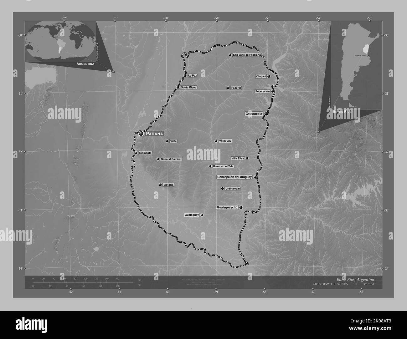 Entre Rios, province of Argentina. Grayscale elevation map with lakes ...