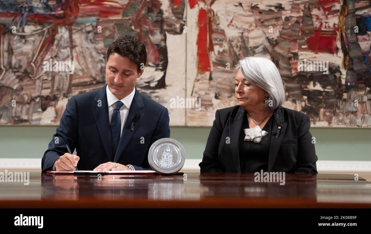 Governor General Mary Simon looks on as Prime Minister Justin Trudeau ...