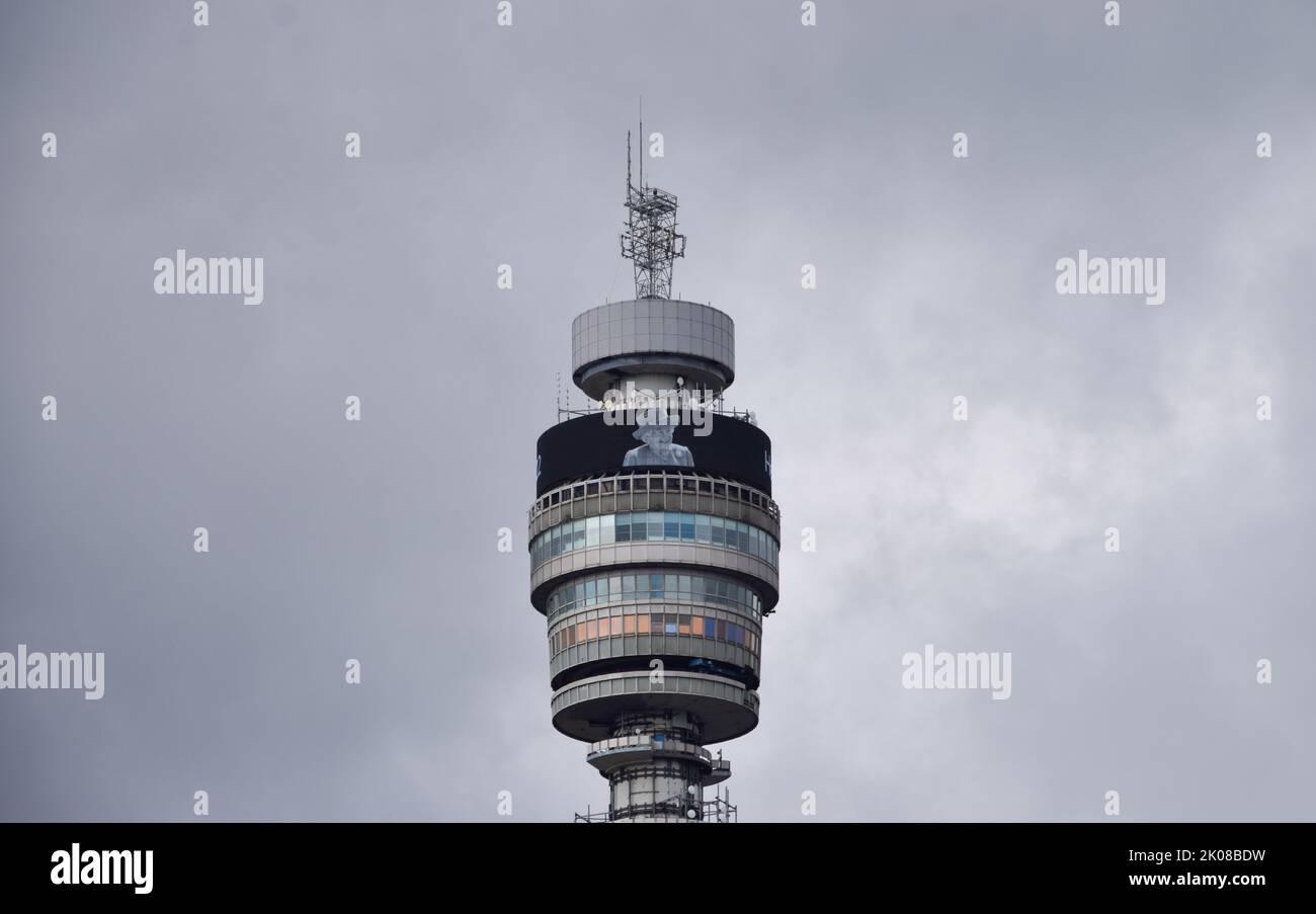 London, UK. 9th September 2022. BT Tower displays a tribute as Queen ...