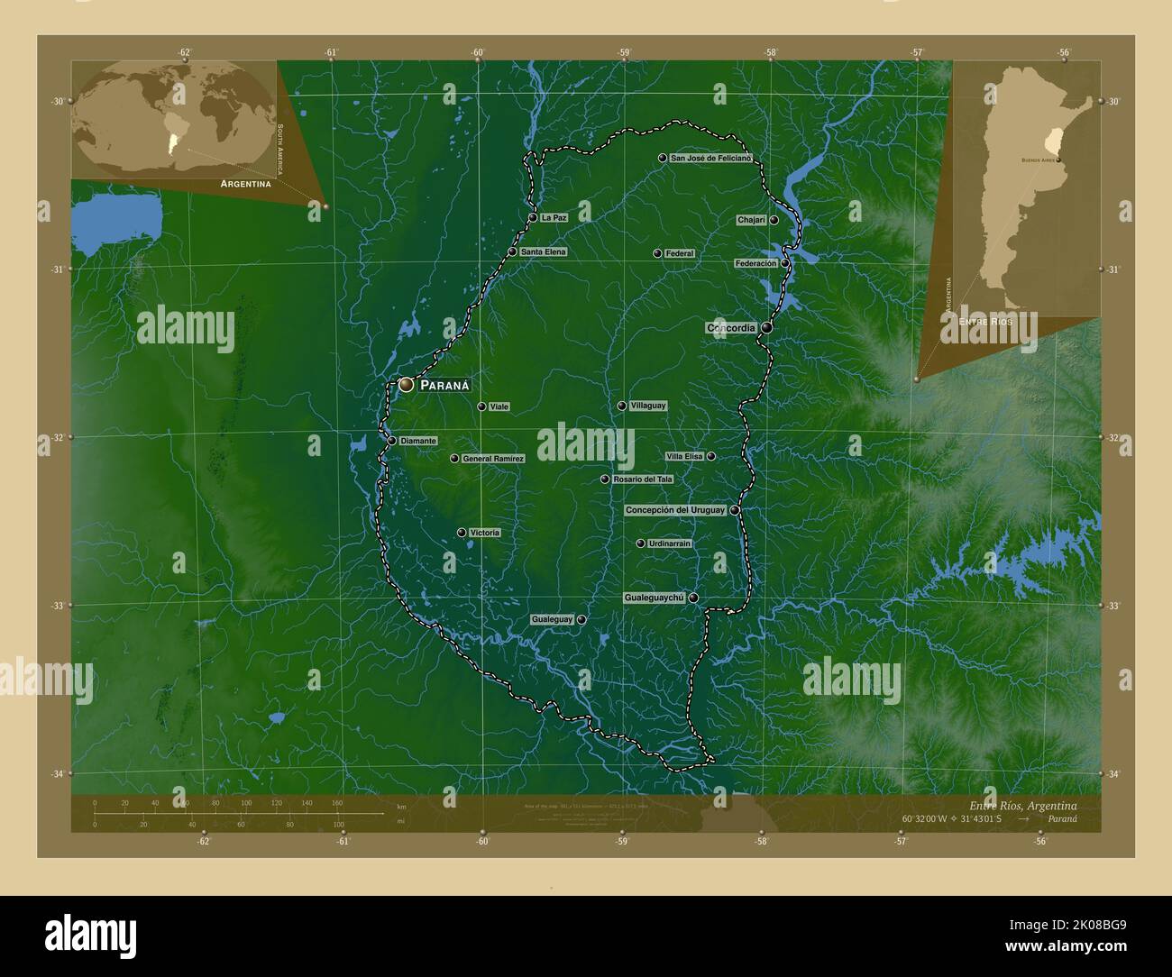 Entre Rios, province of Argentina. Colored elevation map with lakes and ...