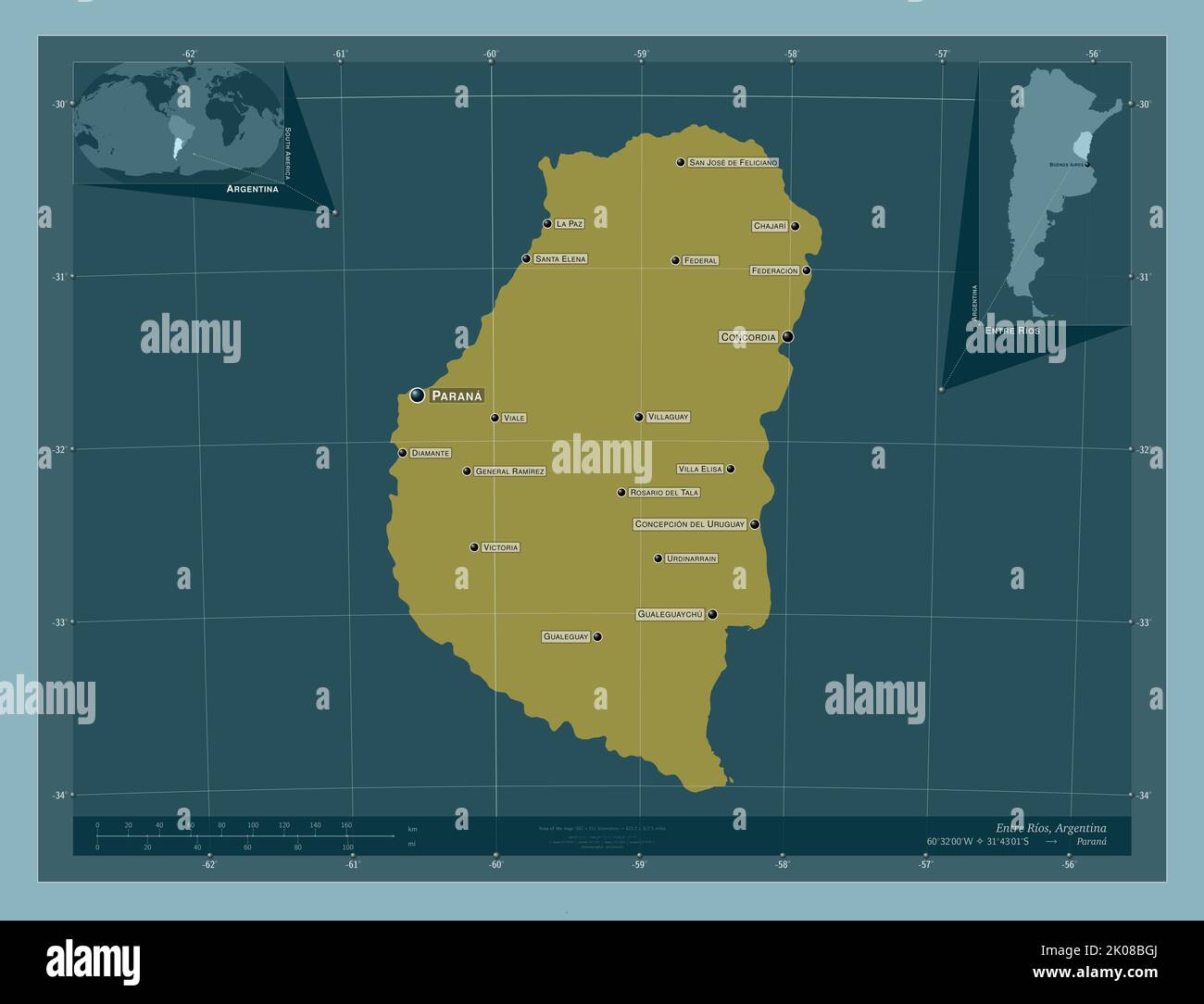 Entre Rios, province of Argentina. Solid color shape. Locations and ...