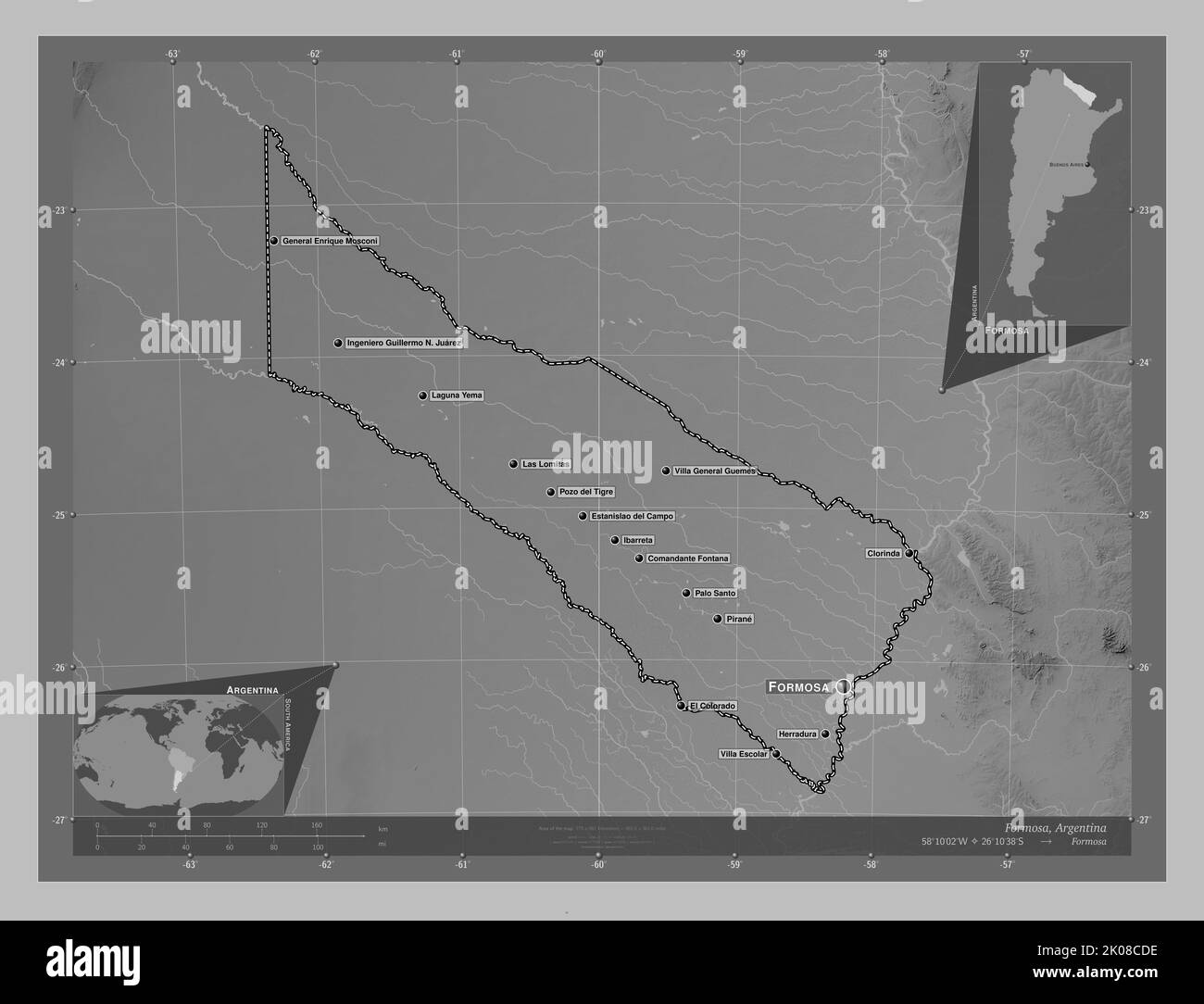 Formosa, province of Argentina. Grayscale elevation map with lakes and ...