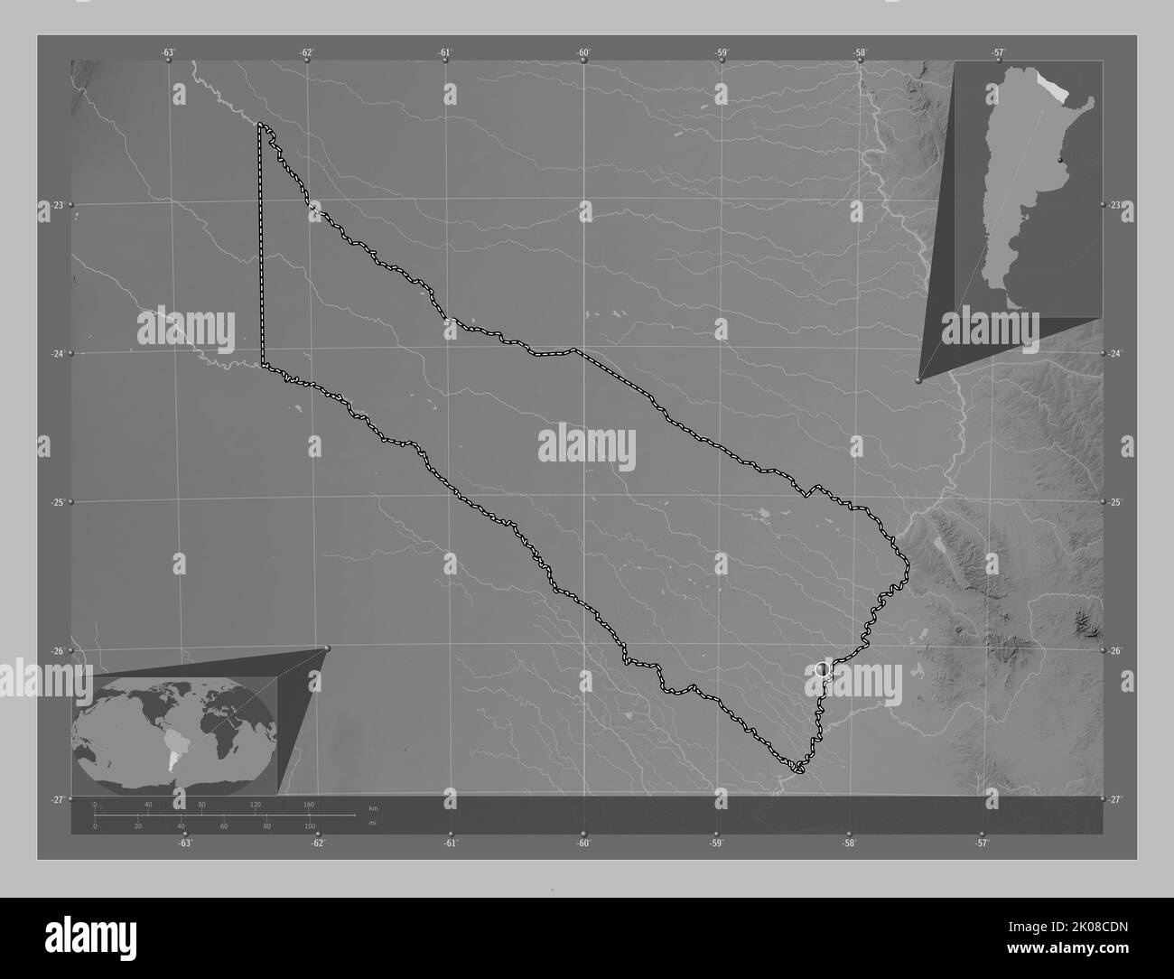 Formosa, province of Argentina. Grayscale elevation map with lakes and ...