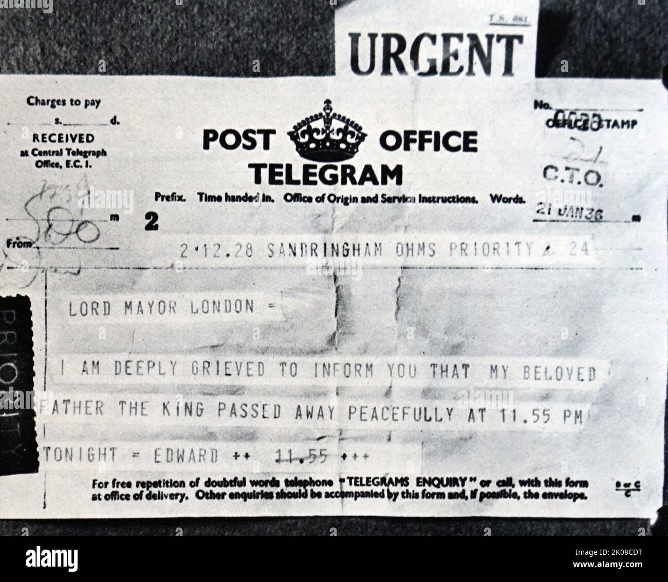 The telegram in which King Edward VIII announced his father's death to ...