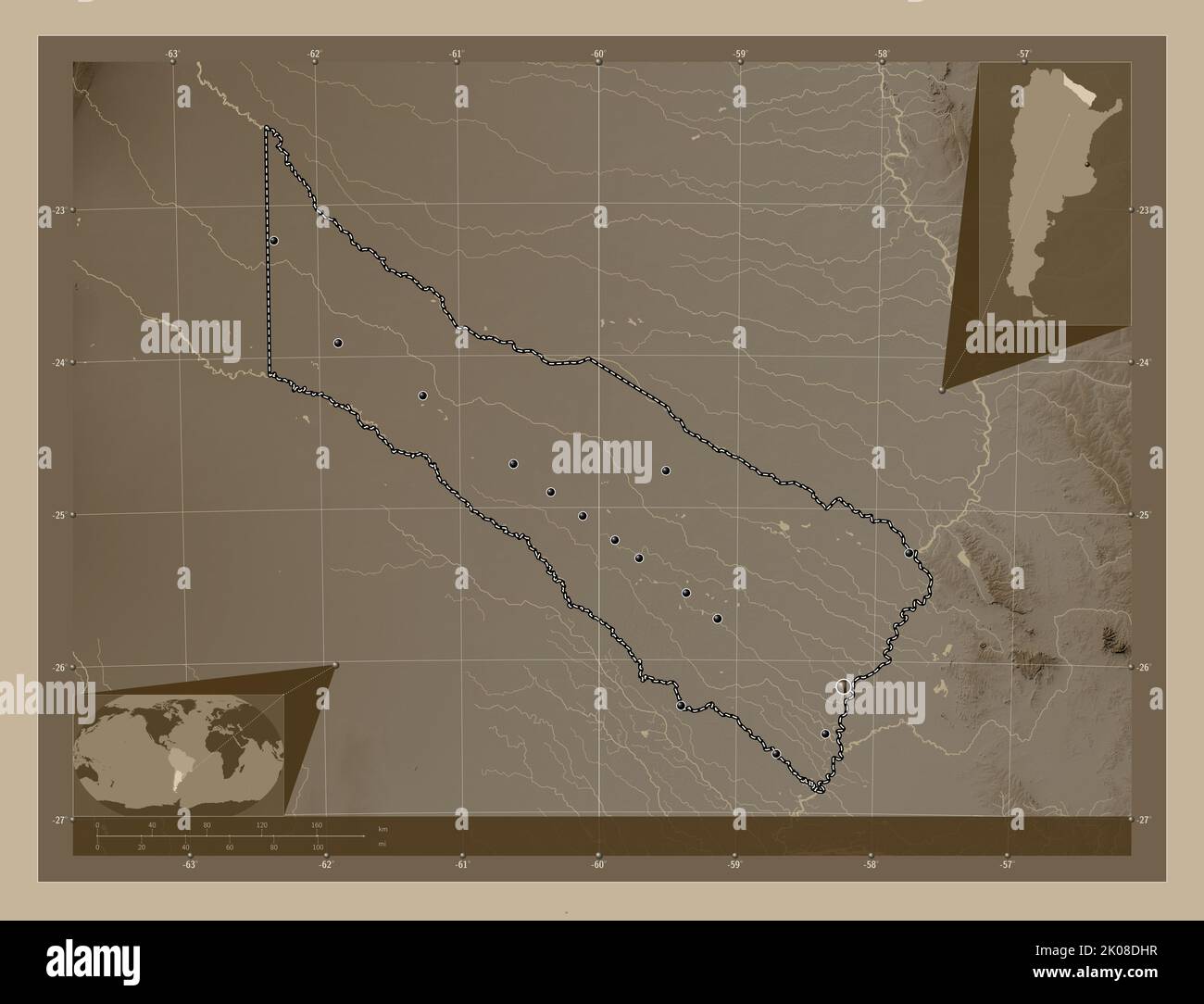 Formosa, province of Argentina. Elevation map colored in sepia tones ...