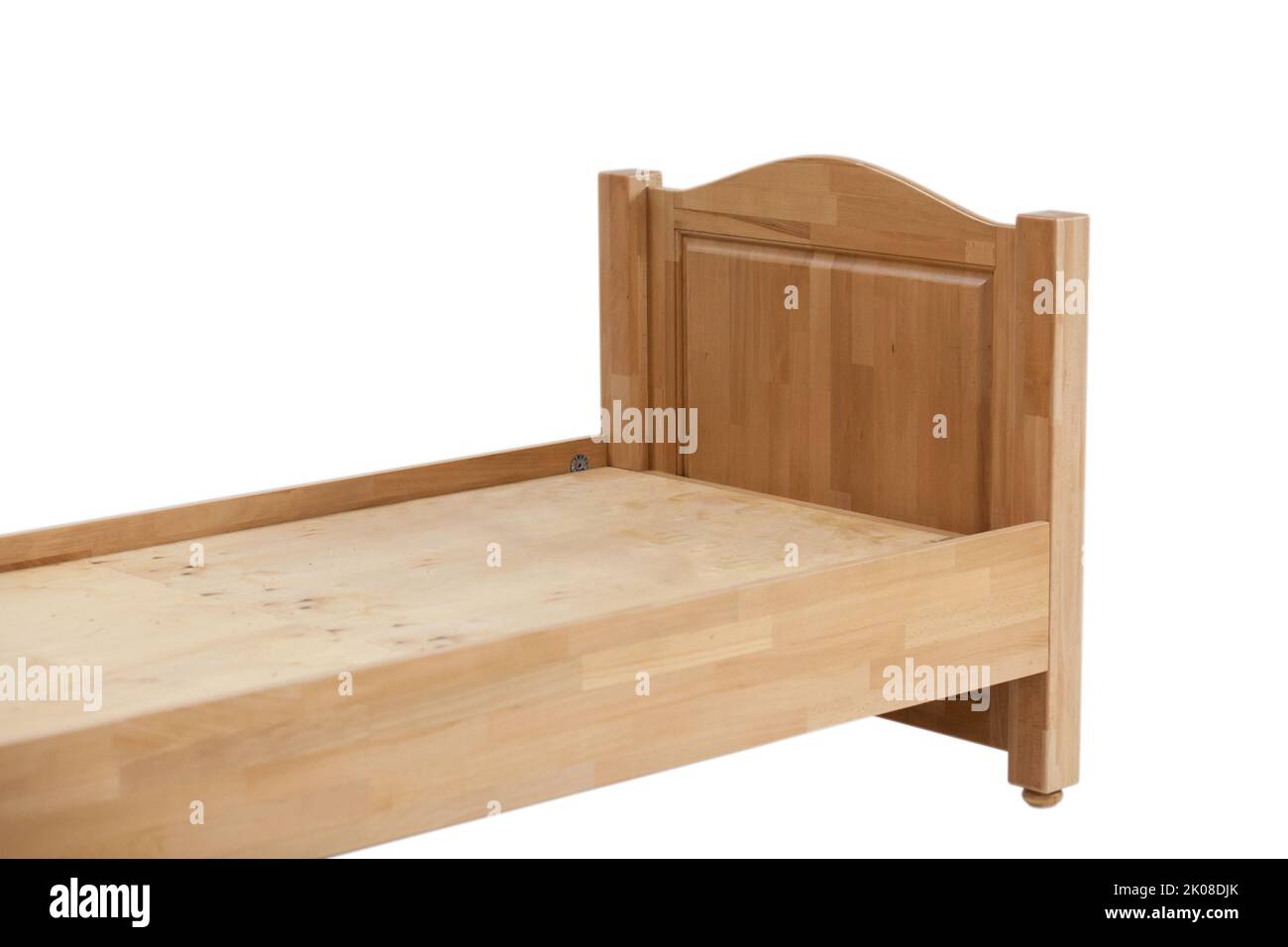Wooden sleeping bed. New wooden bed frame on white background view ...