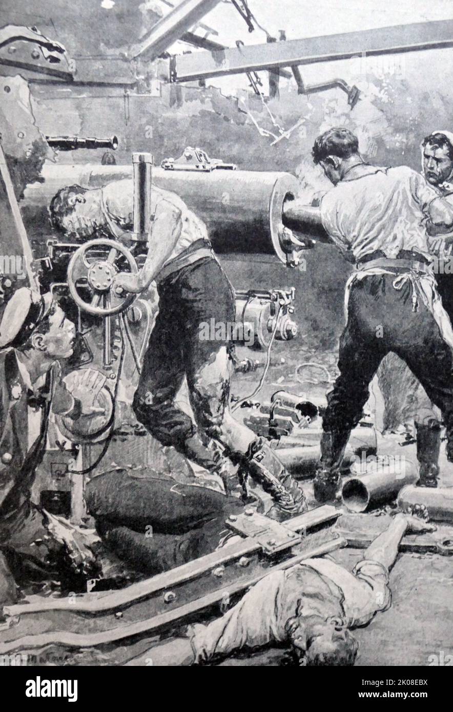 Serving the guns at Jutland. Black and white drawing of the scene on a ...