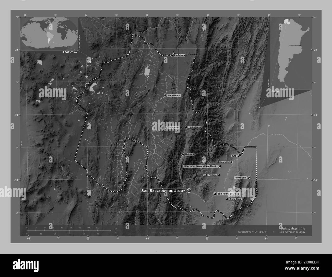 Jujuy, province of Argentina. Grayscale elevation map with lakes and ...