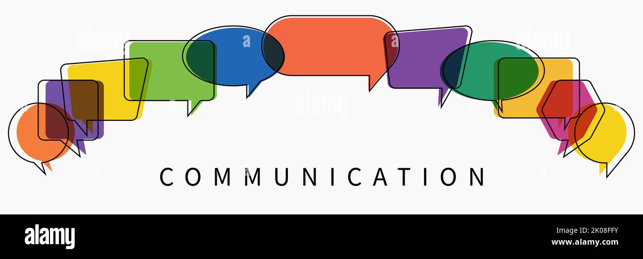 Word communication with colorful multicolored dialog doodle speech ...