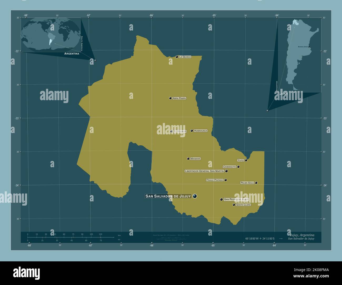 Jujuy, province of Argentina. Solid color shape. Locations and names of ...
