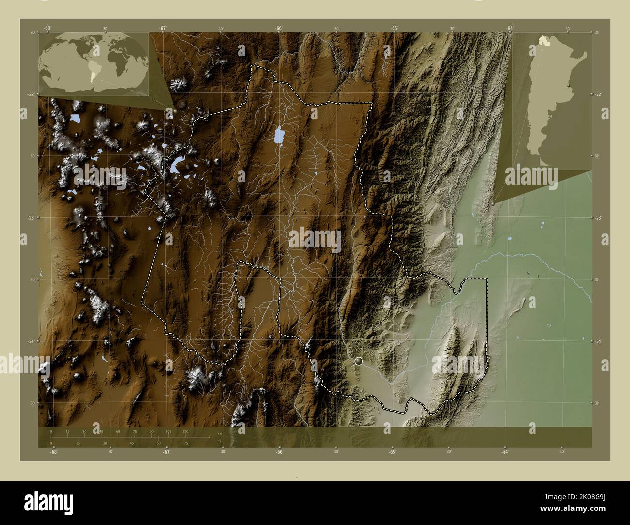 Jujuy, province of Argentina. Elevation map colored in wiki style with ...