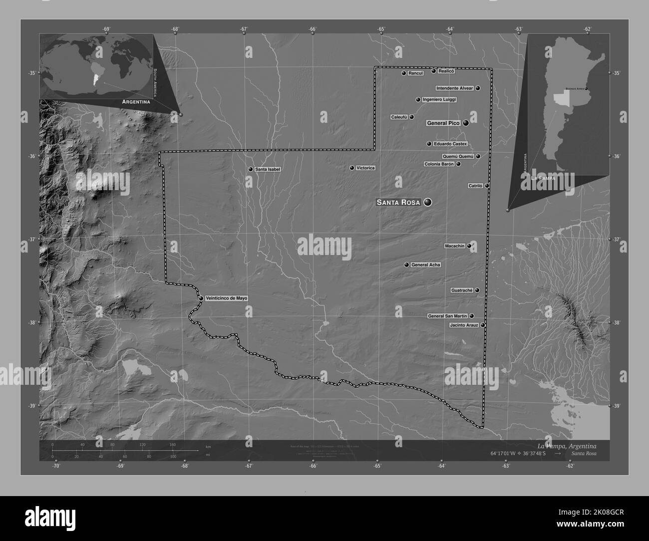 La Pampa, province of Argentina. Bilevel elevation map with lakes and ...