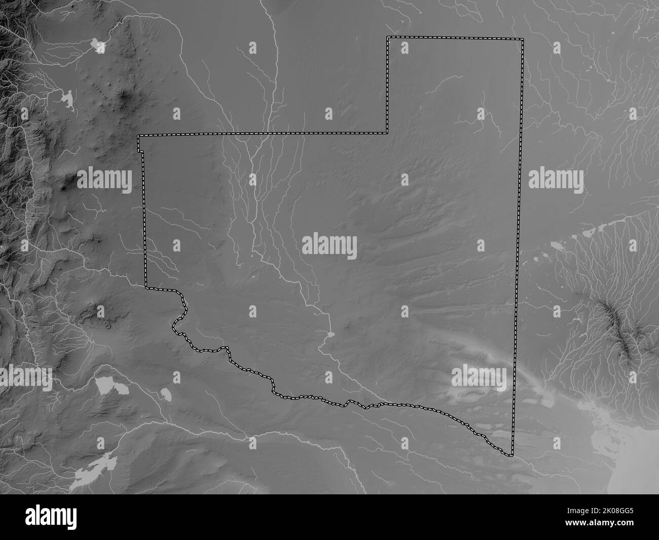 La Pampa, province of Argentina. Grayscale elevation map with lakes and ...