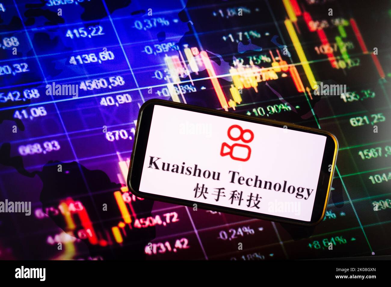 KONSKIE, POLAND - September 10, 2022: Smartphone displaying logo of Kuaishou Technology company ...