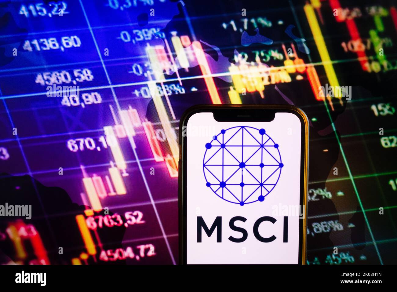 KONSKIE, POLAND - September 10, 2022: Smartphone displaying logo of MSCI company on stock ...