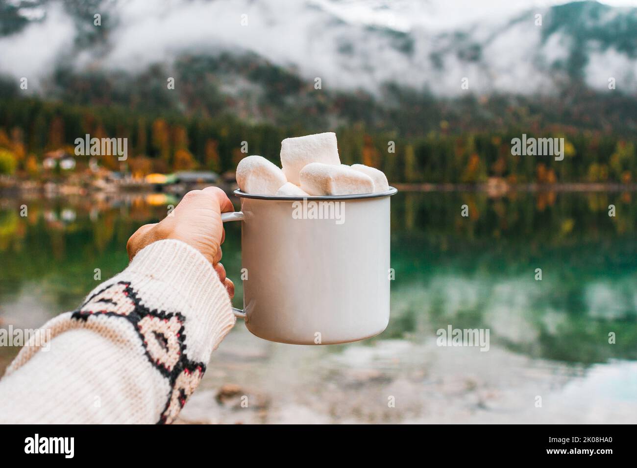 Picnic in the Bavarian mountains, Germany. Hand with mug of cacao and ...