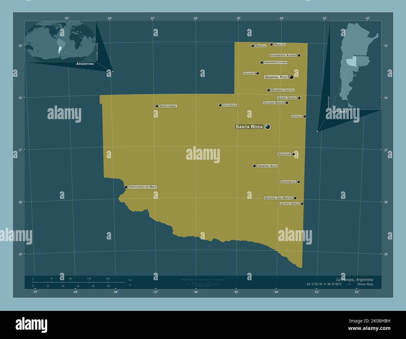 La Pampa, province of Argentina. Solid color shape. Locations and names ...