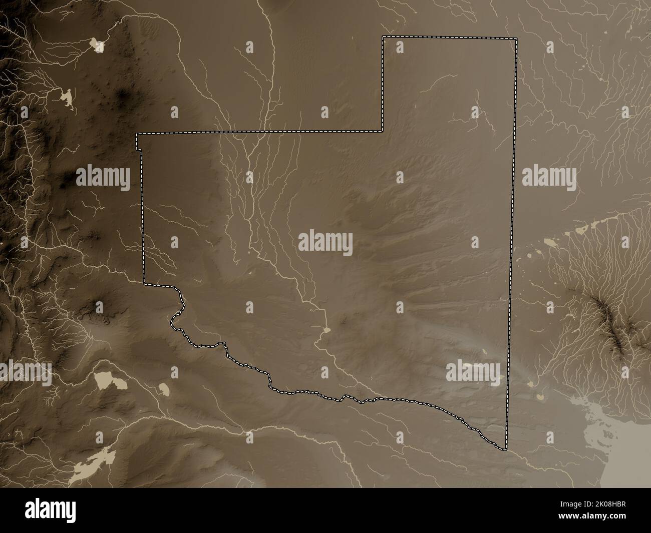 La Pampa, province of Argentina. Elevation map colored in sepia tones ...