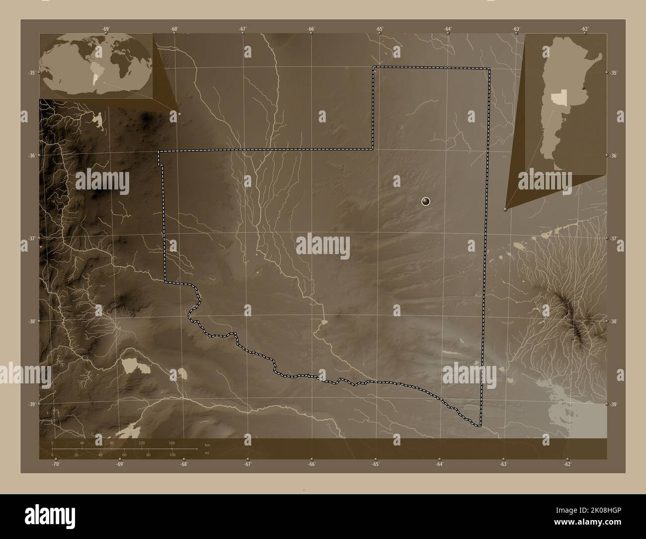 La Pampa, province of Argentina. Elevation map colored in sepia tones ...