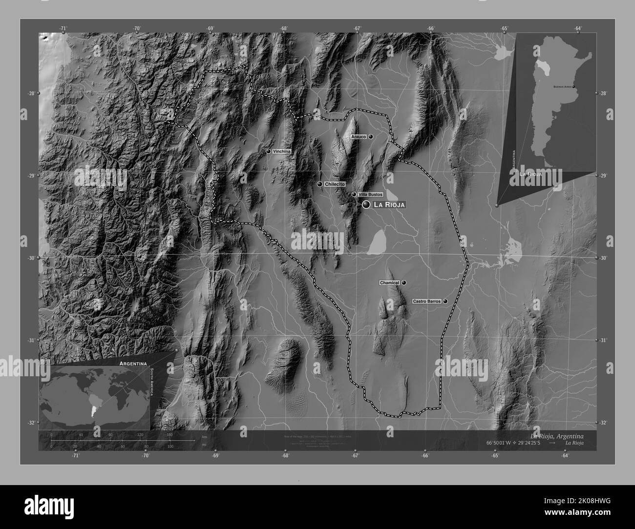La Rioja, province of Argentina. Bilevel elevation map with lakes and ...