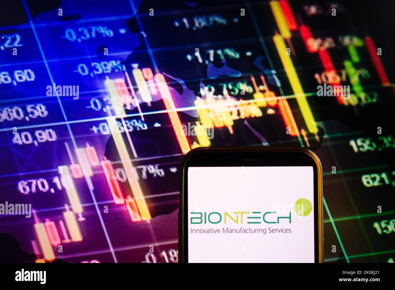 KONSKIE, POLAND - September 10, 2022: Smartphone displaying logo of BioNTech company on stock ...