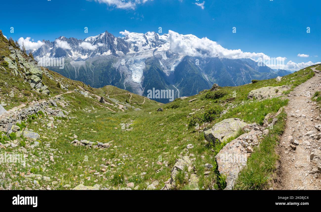 The panorama of Mont Blanc massif and Les Aiguilles towers Stock Photo ...