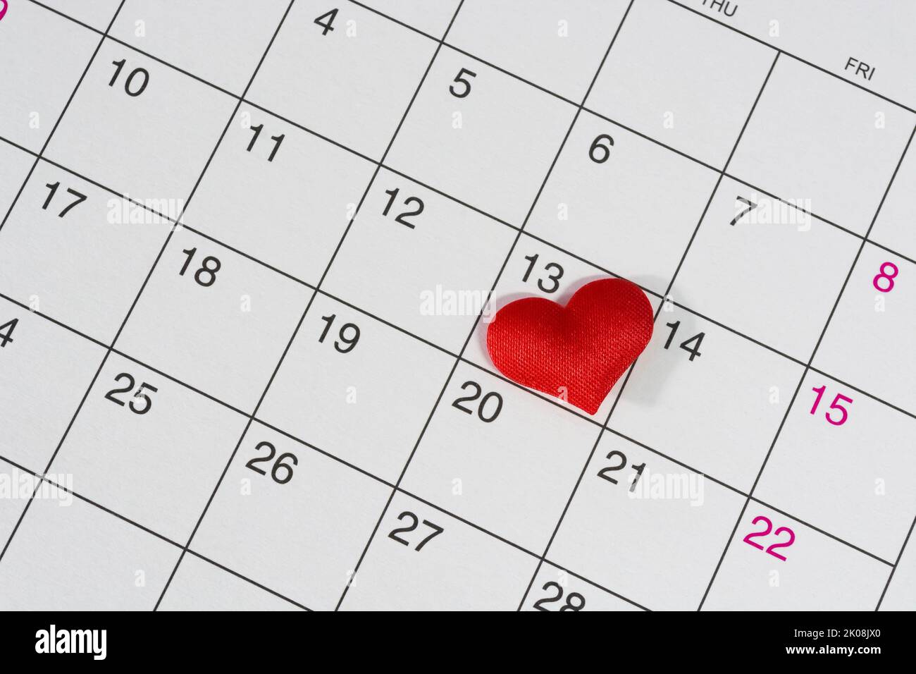 Red heart shape on the date of the 13th day in the calendar Stock Photo ...