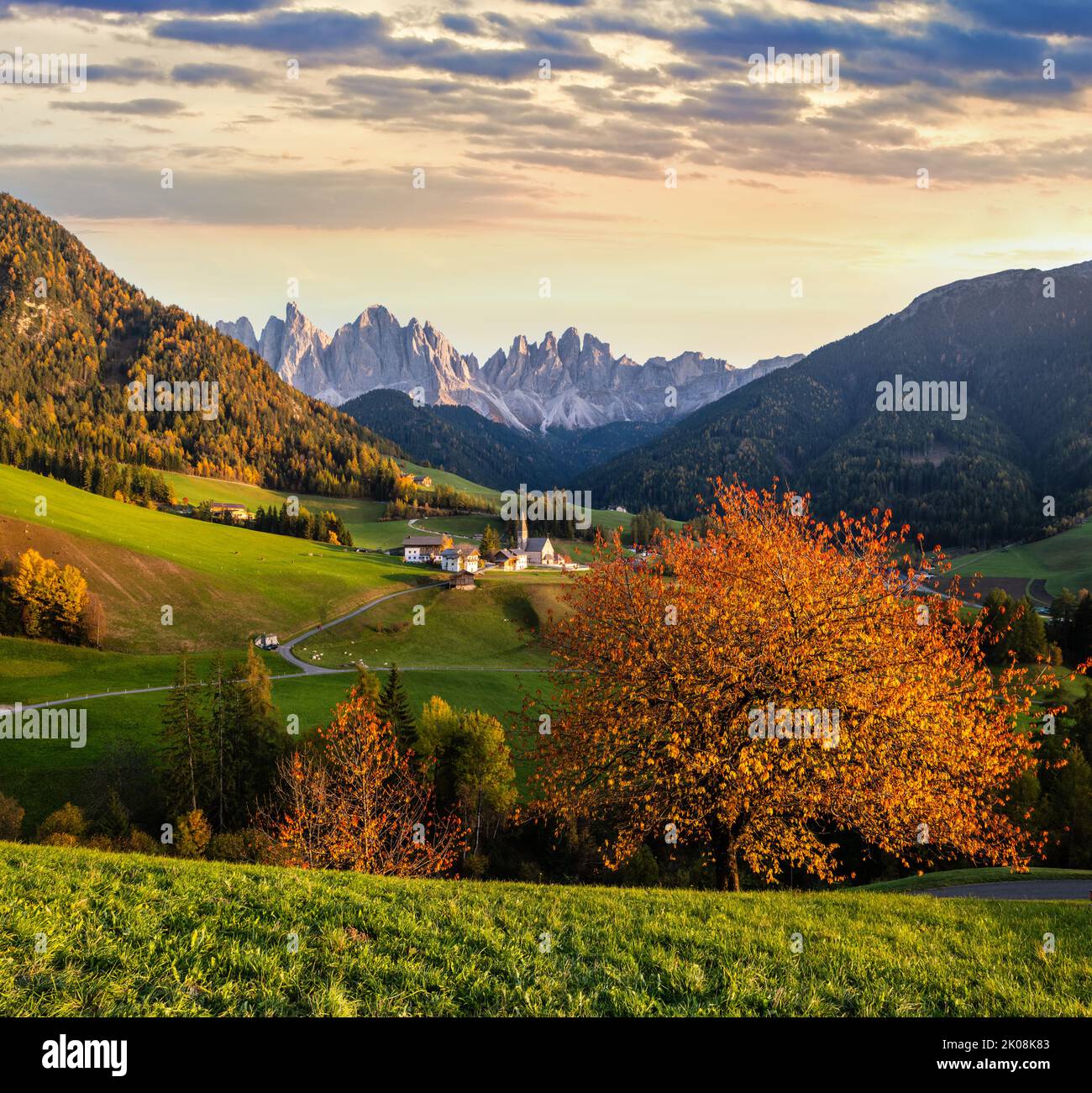 Autumn evening Santa Magdalena famous Italy Dolomites village view in ...