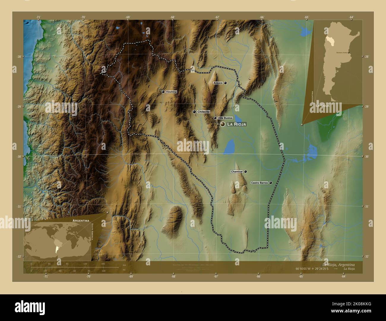 La Rioja, province of Argentina. Colored elevation map with lakes and ...