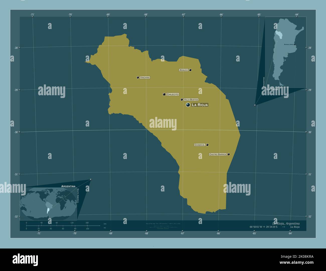 La Rioja, province of Argentina. Solid color shape. Locations and names ...