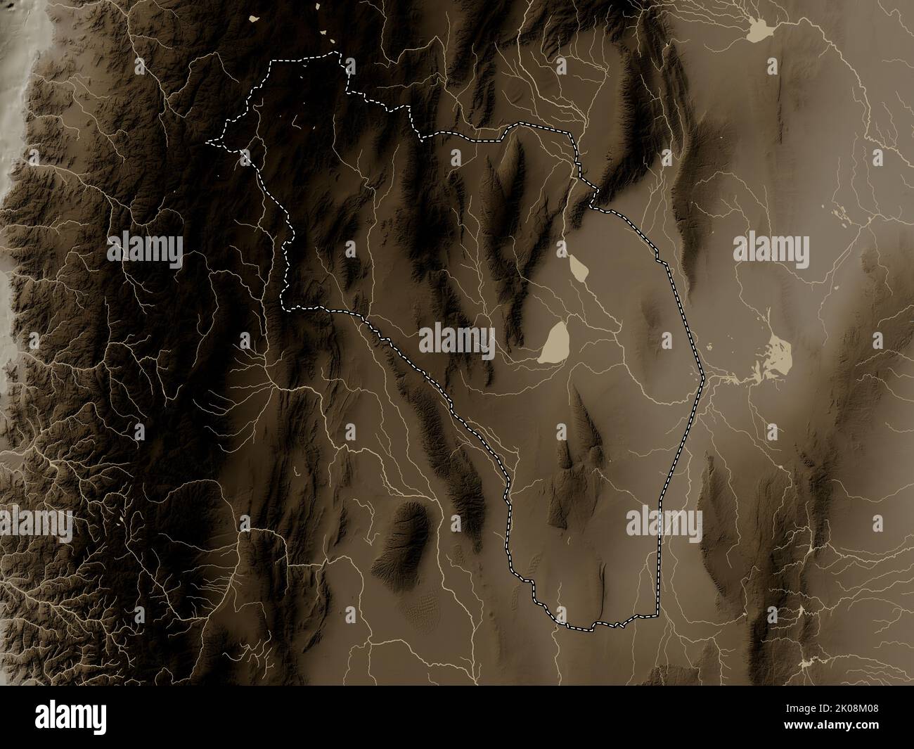 La Rioja, province of Argentina. Elevation map colored in sepia tones ...