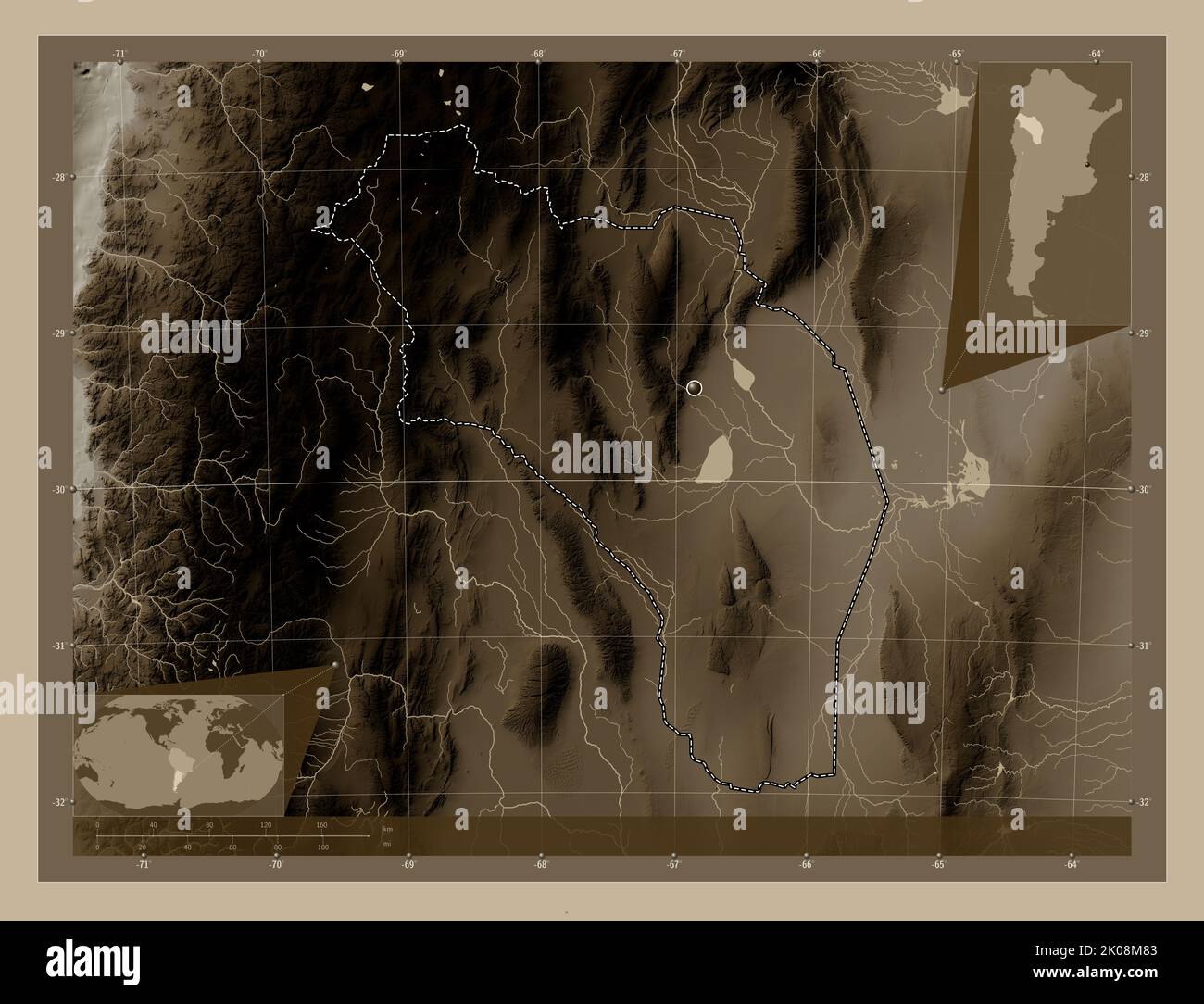 La Rioja, province of Argentina. Elevation map colored in sepia tones ...