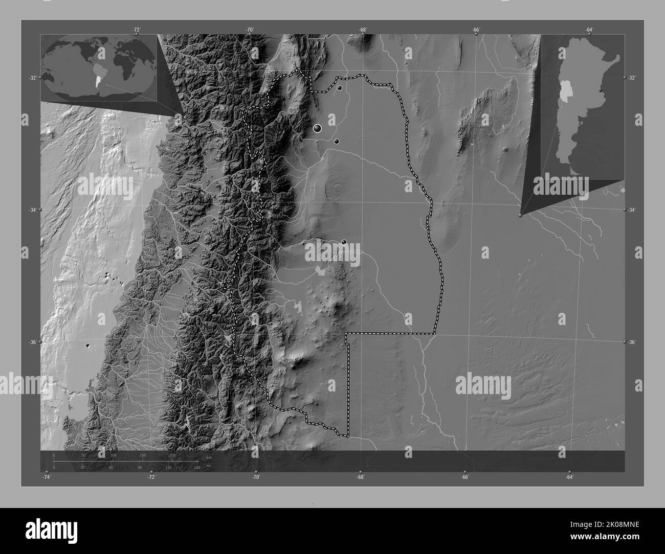 Mendoza, province of Argentina. Bilevel elevation map with lakes and ...