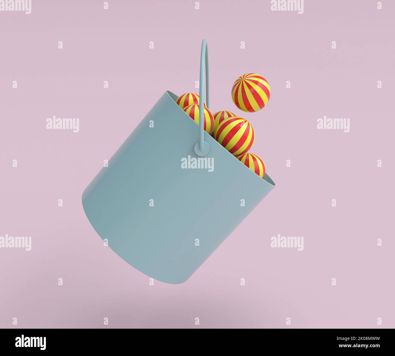 bucket with colorful ball icon, minimal 3d render illustration on light ...