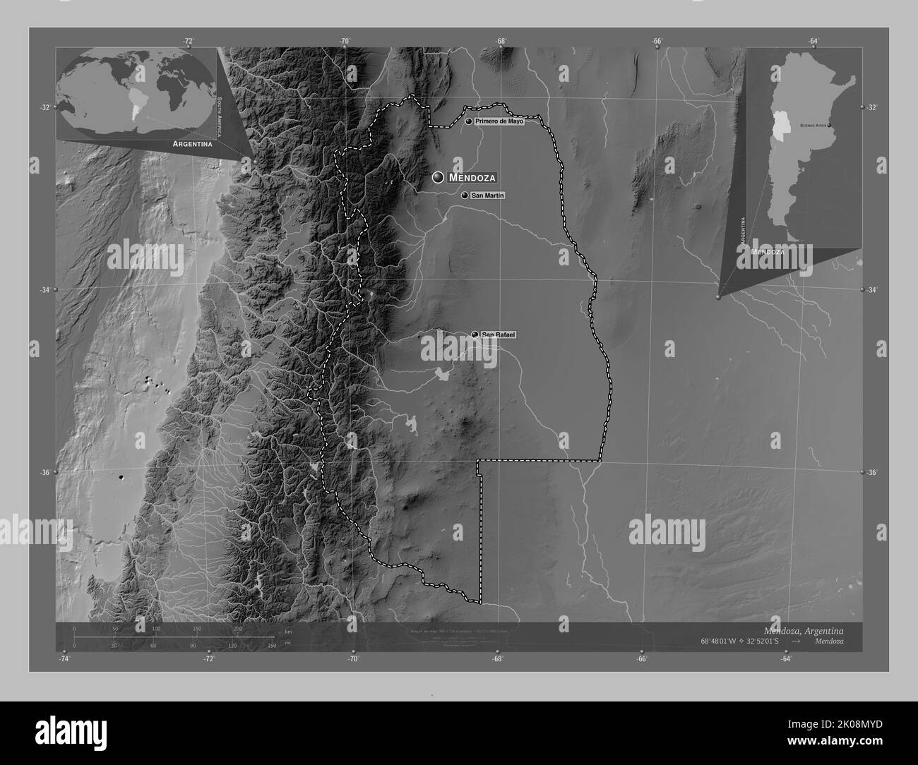 Mendoza, province of Argentina. Grayscale elevation map with lakes and ...