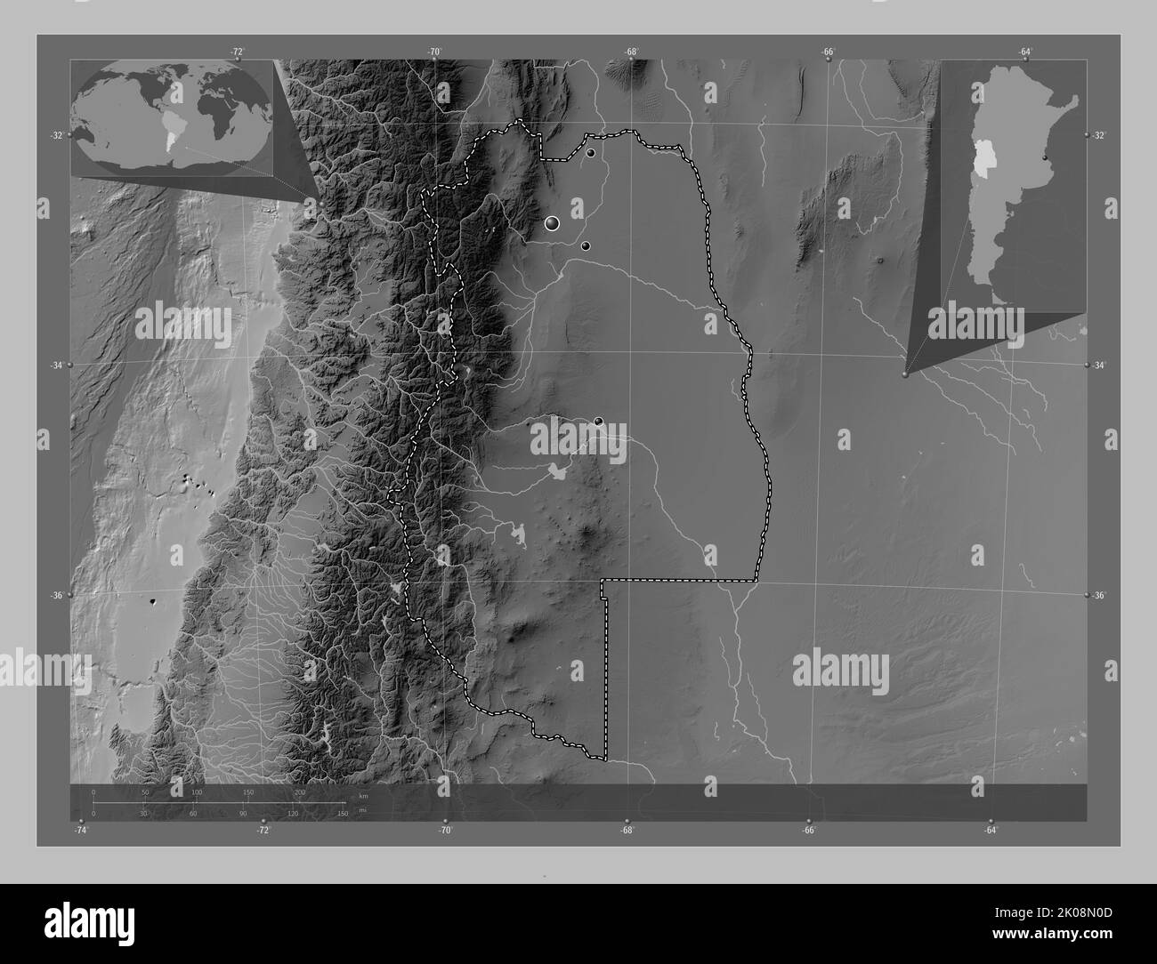Mendoza, province of Argentina. Grayscale elevation map with lakes and ...
