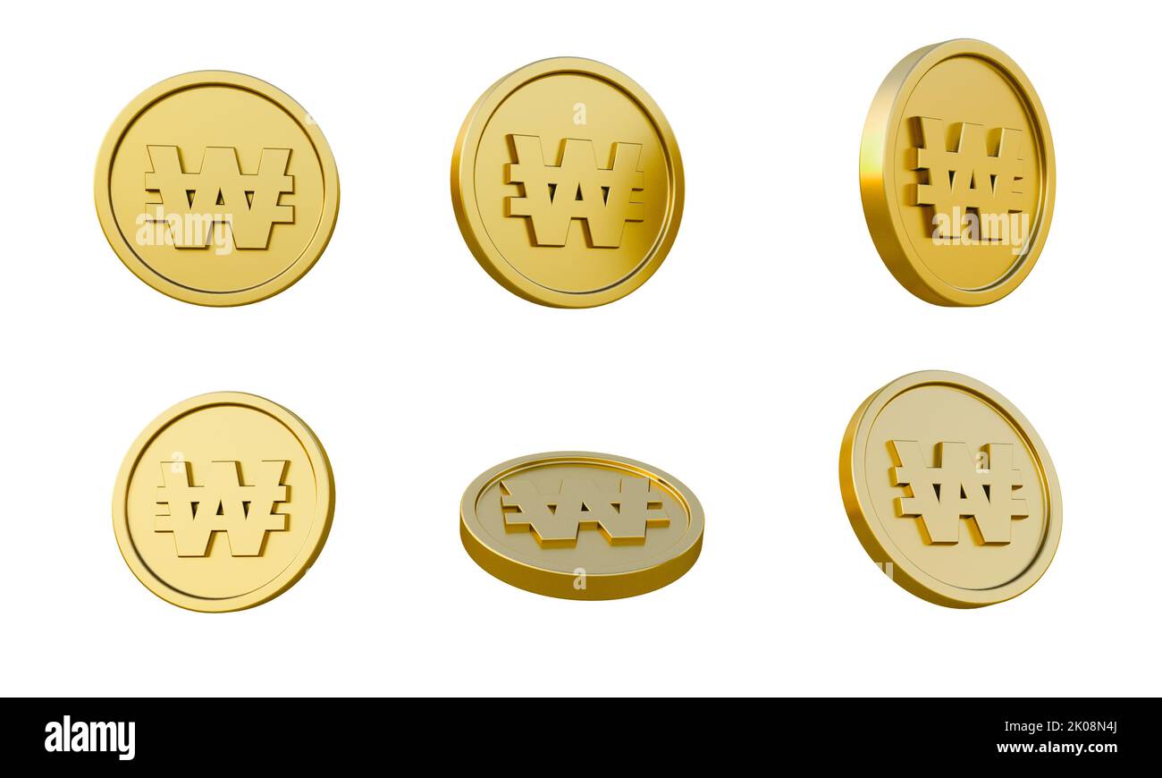 Set of gold coins with won currency sign or symbol 3d illustration ...