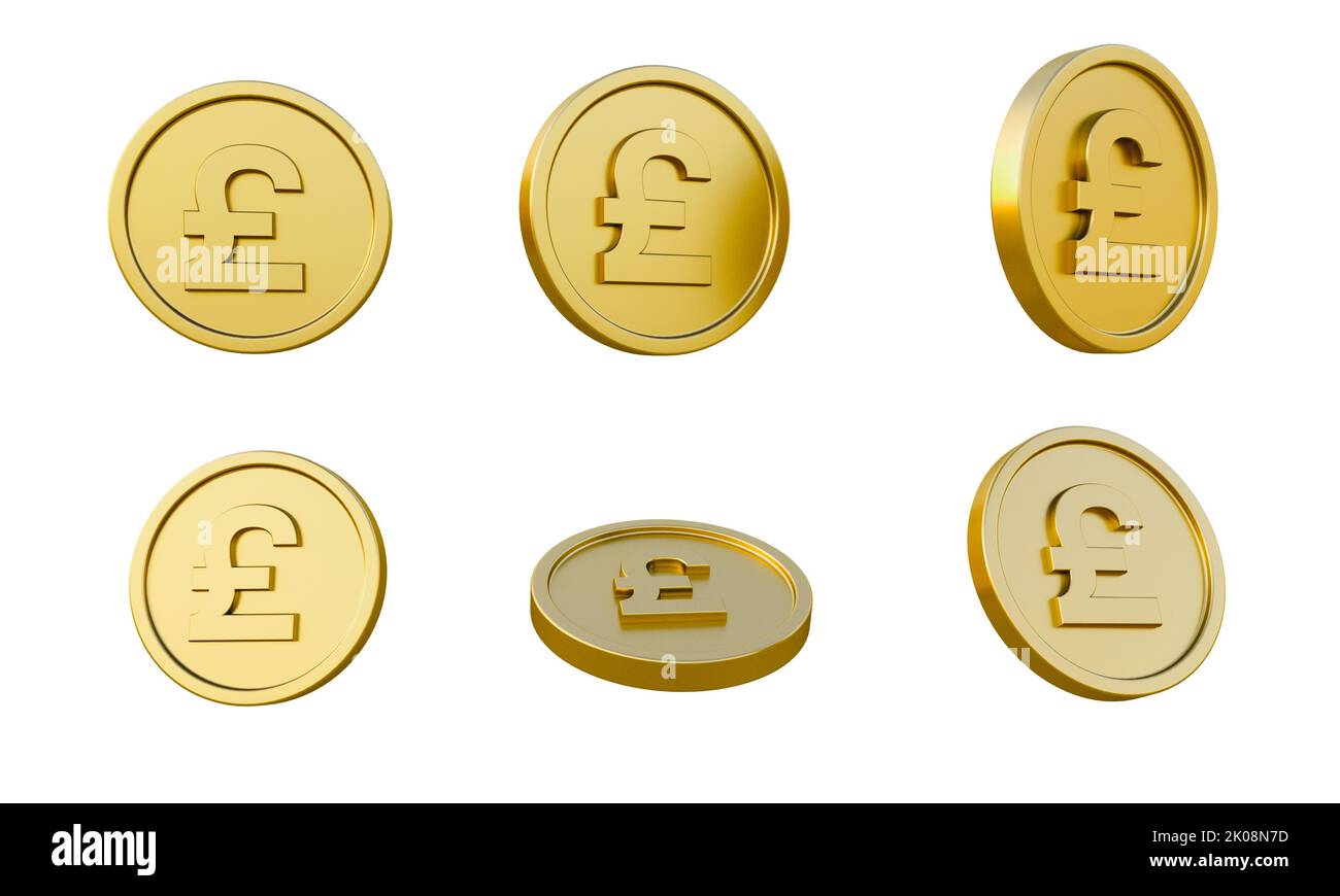 Set of gold coins with Pounds sterling currency sign or symbol 3d ...